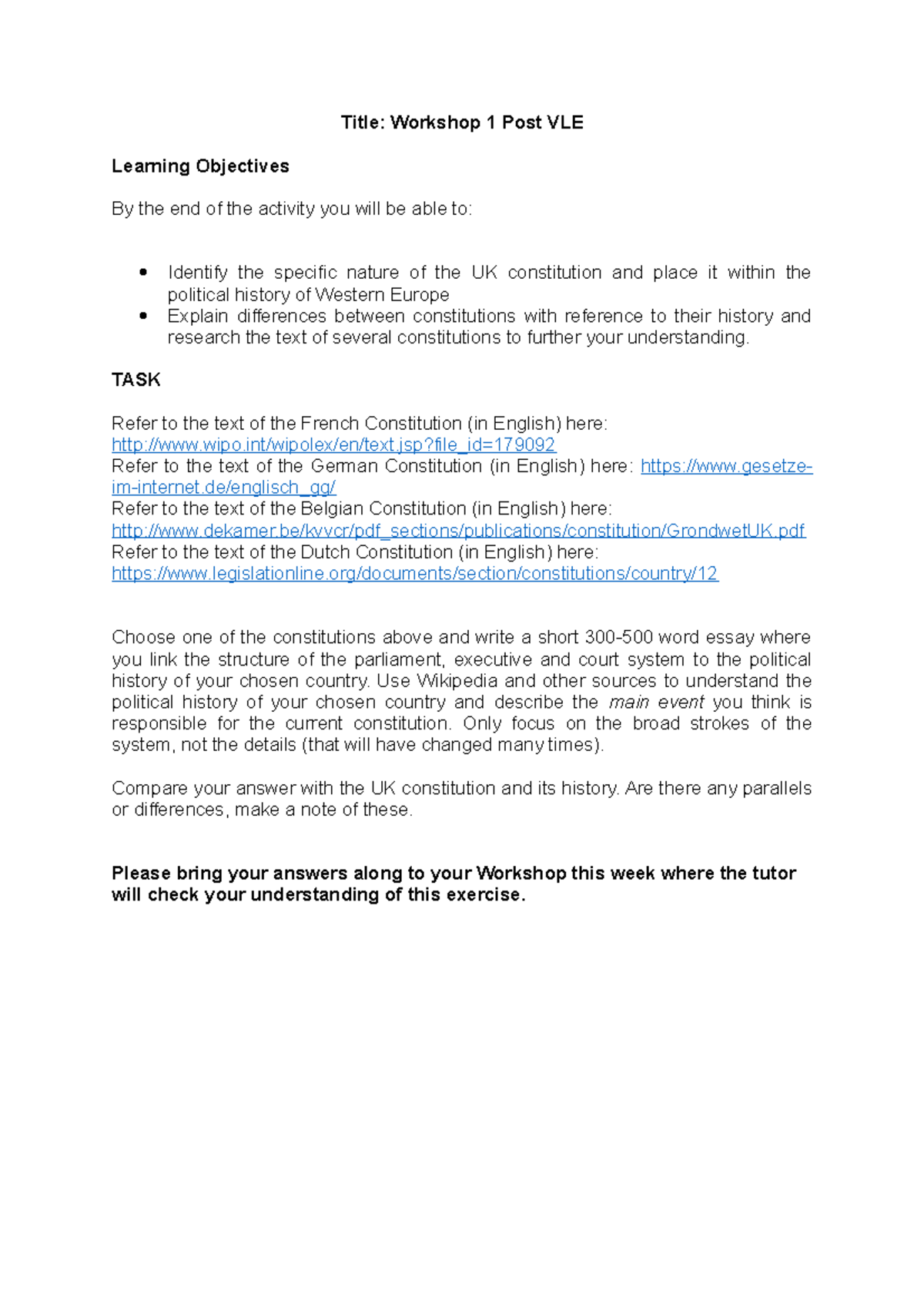 Post Workshop 1 activity - Title: Workshop 1 Post VLE Learning ...