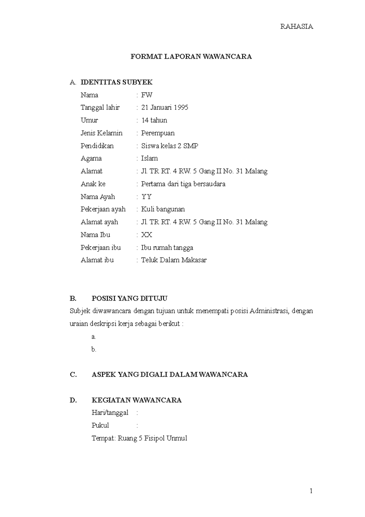 Format Laporan Wawancara - RAHASIA FORMAT LAPORAN WAWANCARA A ...