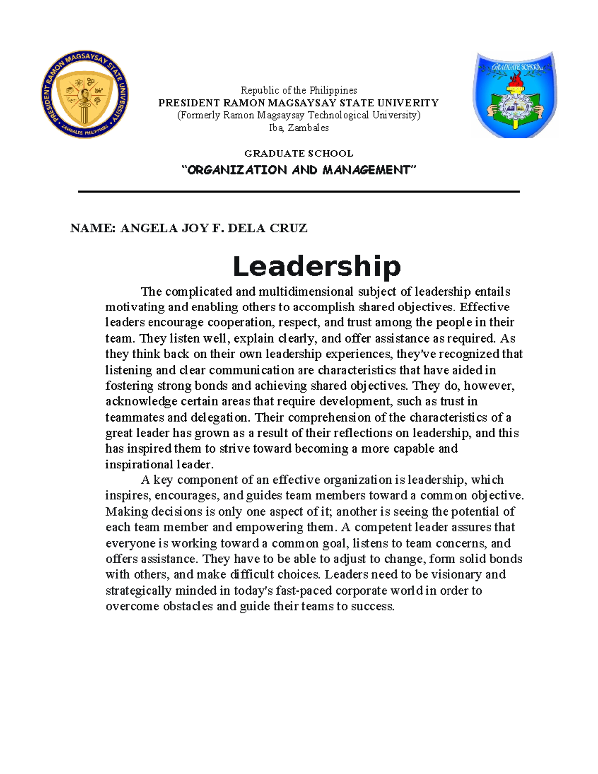 MA 203 Reflection Leadership - Republic of the Philippines PRESIDENT ...