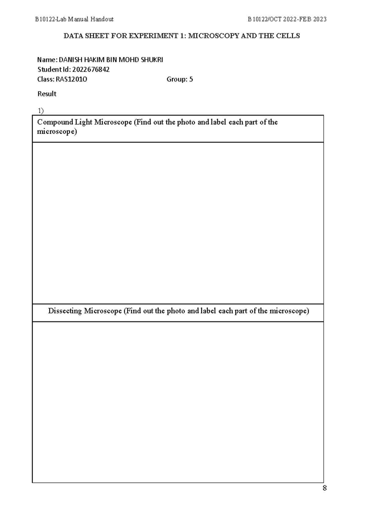 Bio data sheet - PRACTIVE - DATA SHEET FOR EXPERIMENT 1: MICROSCOPY AND ...