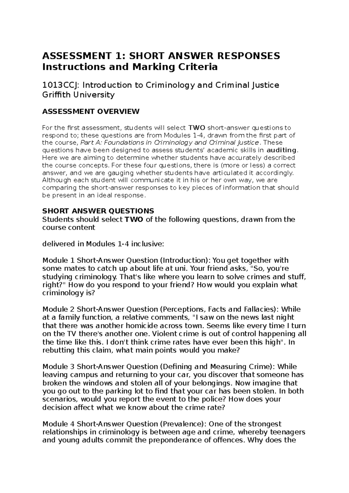 Assessment 1- Short Answer Responses Instructions and Marking Criteria ...