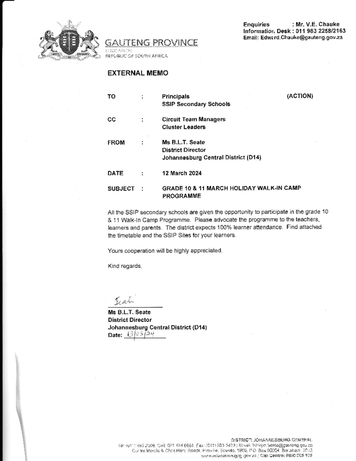 Memo G 10 & 11 March Holiday Programme Walk-in Camp (4 pages) - Studocu