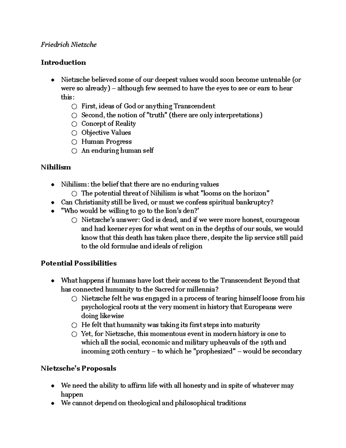 Theology 185 Nietzche Notes - Friedrich Nietzche Introduction Nietzsche ...