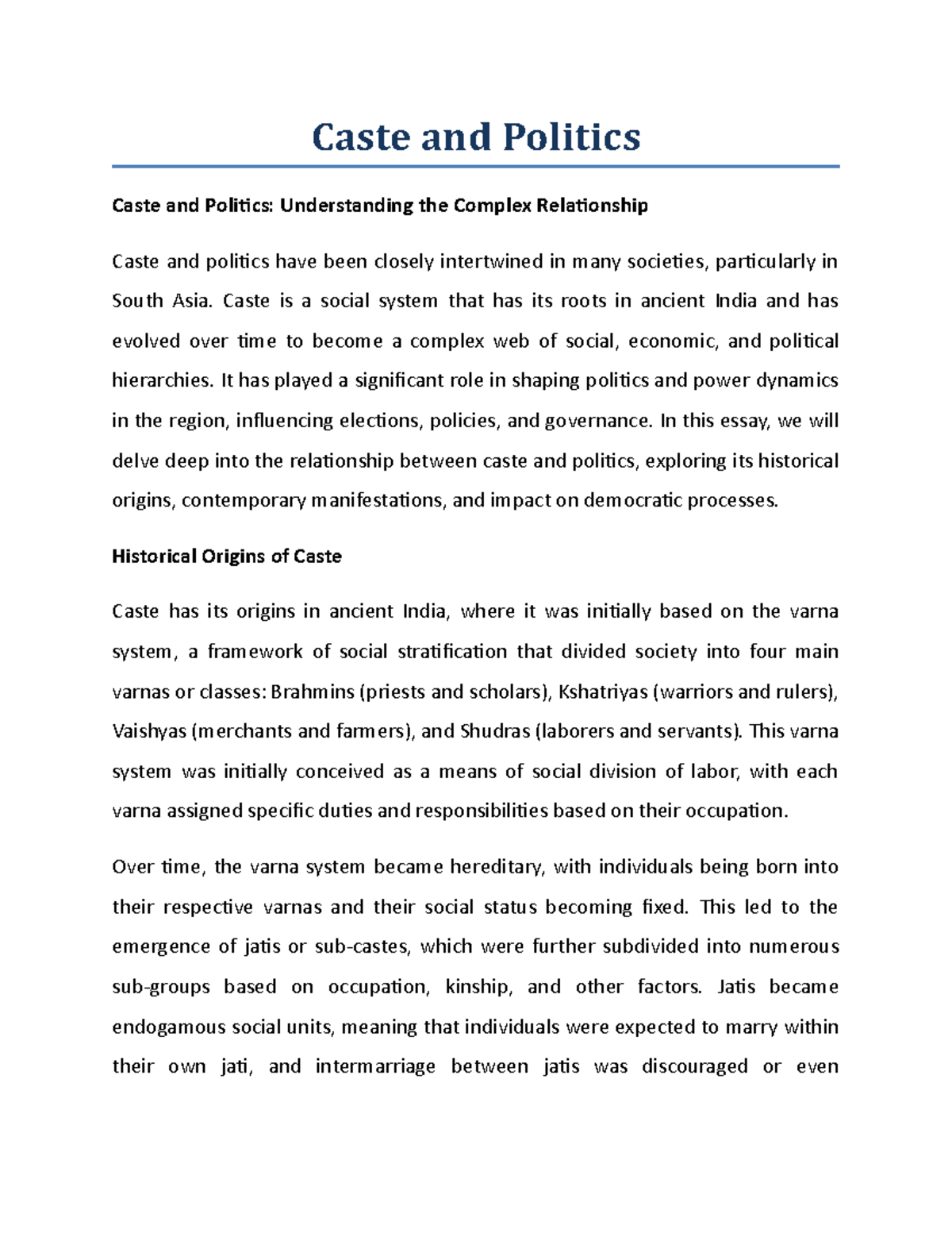 Caste and Politics - Caste and Politics Caste and Politics ...