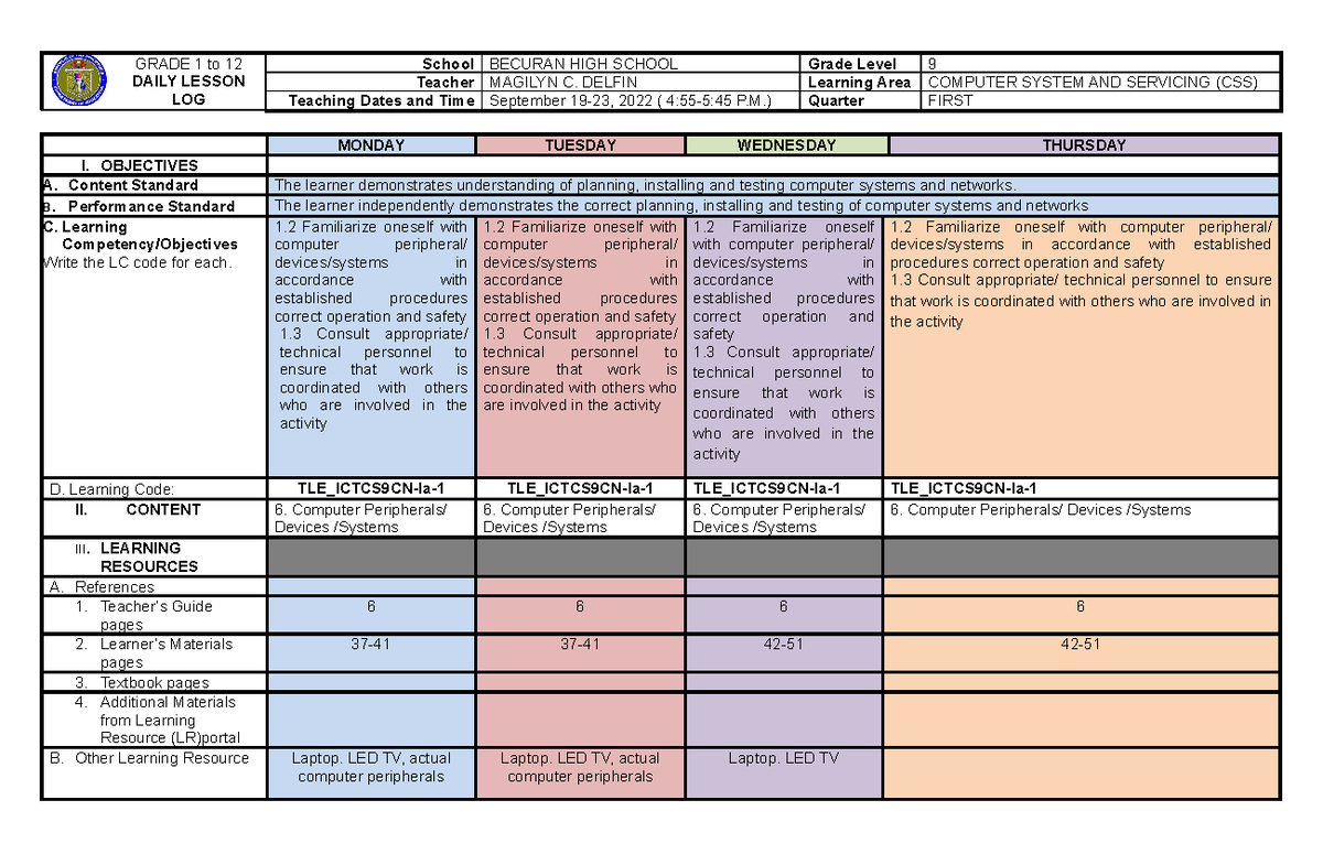 DLL ICT 9 1ST Quarter WEEK 4DLL - GRADE 1 to 12 DAILY LESSON LOG School ...