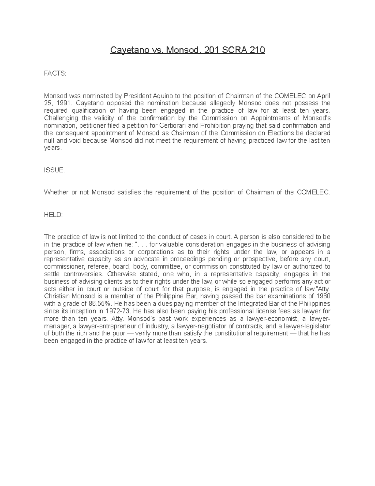 Cayetano vs monsod - Cayetano vs. Monsod, 201 SCRA 210 FACTS: Monsod ...