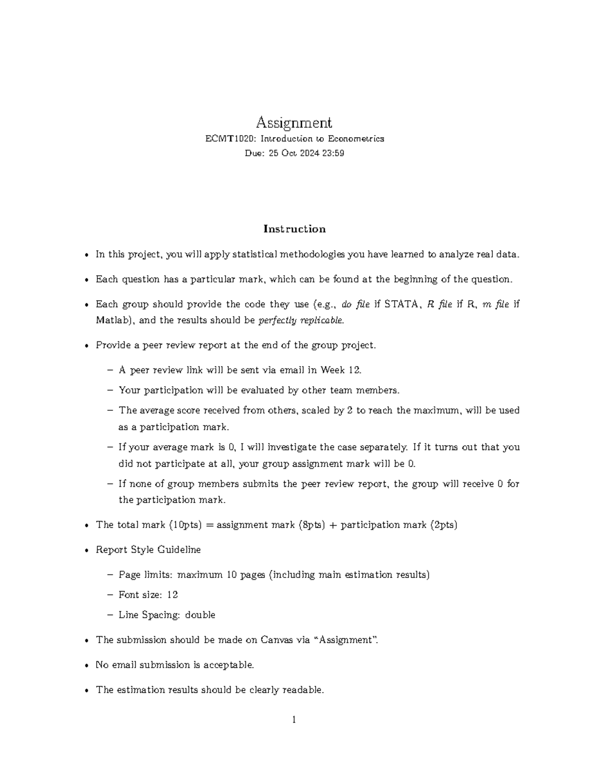 2024S2 ECMT1020 Assignmentv 1-1 - Assignment ECMT1020: Introduction to Econometrics Due: 25 Oct ...