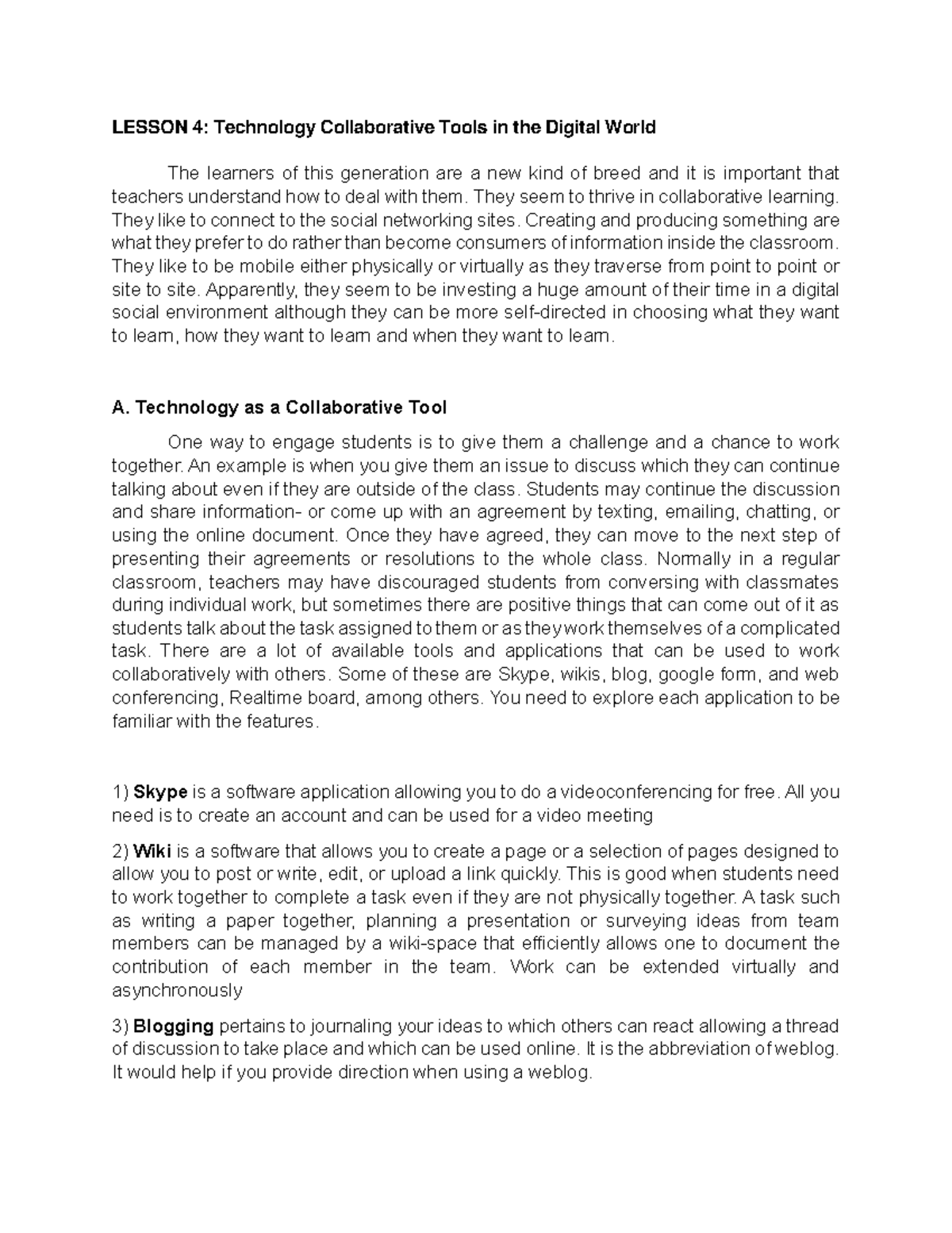 Lesson 4 Technology Collaborative Tools in the Digital World - LESSON 4 ...