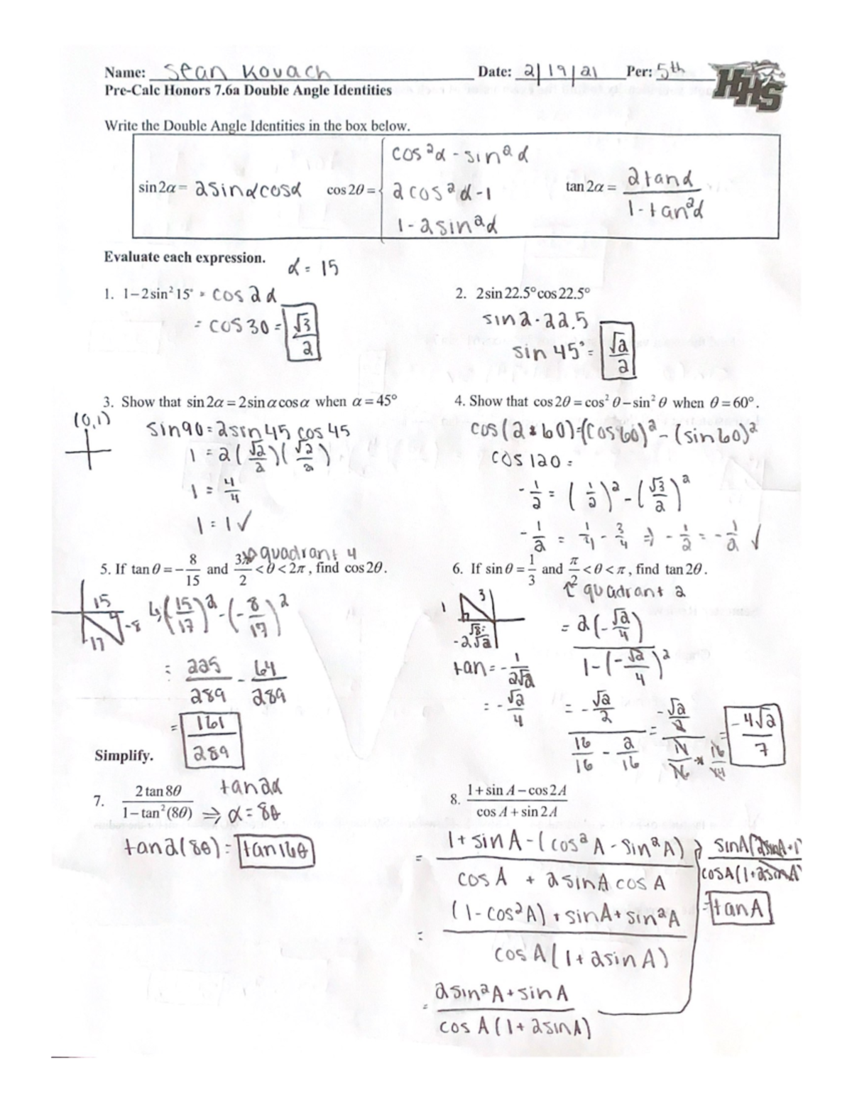 Pre-Calc Honors 7.6a Double Angle Identities - ATMS 401 - Studocu