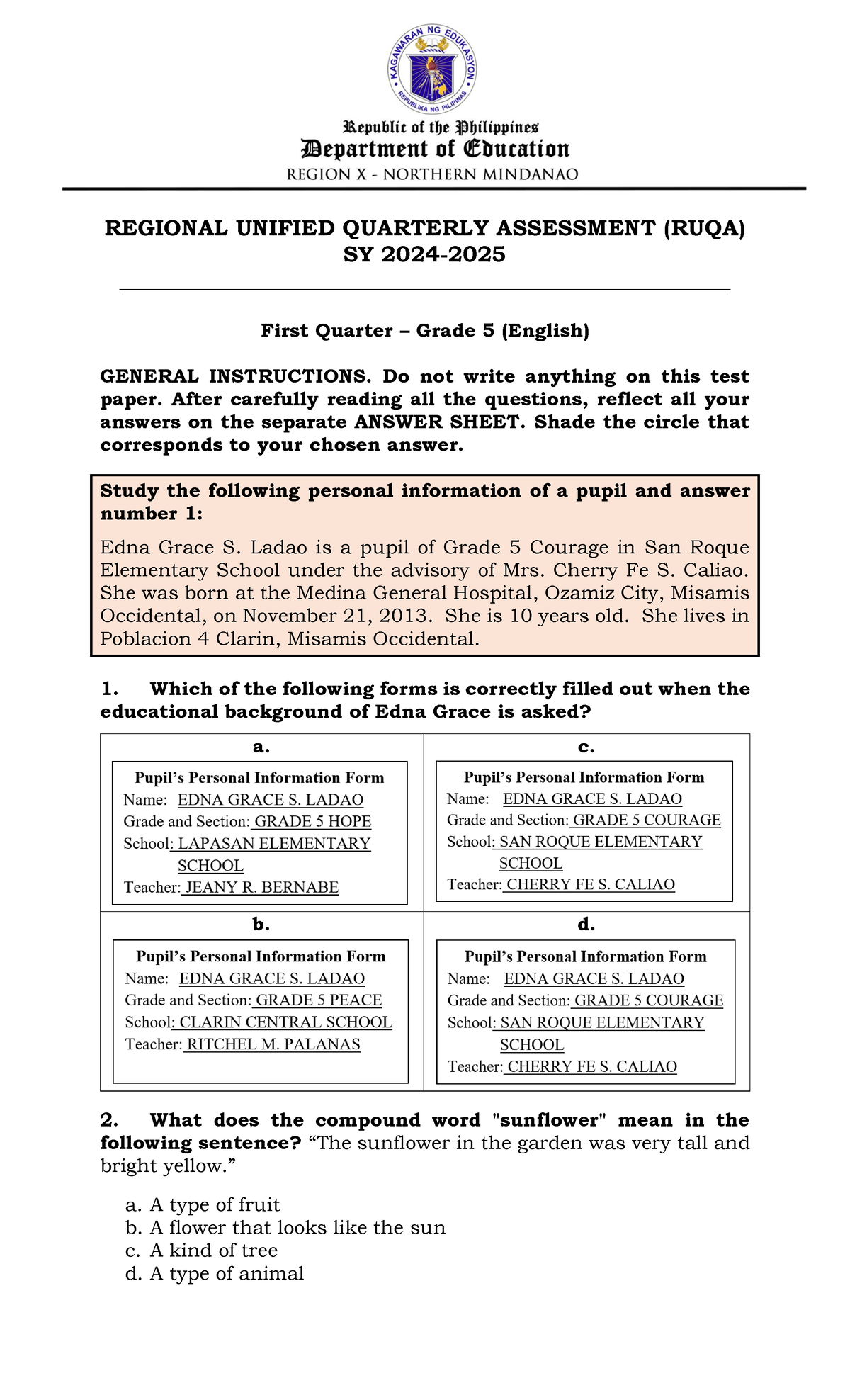 Grade 5 English Q1 Assessment Test Paper - REGIONAL UNIFIED QUARTERLY ...