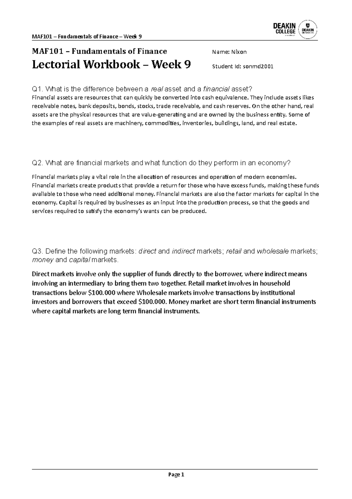 Week 9 - Tutorial Workbook - MAF101 – Fundamentals of Finance – Week 9 ...