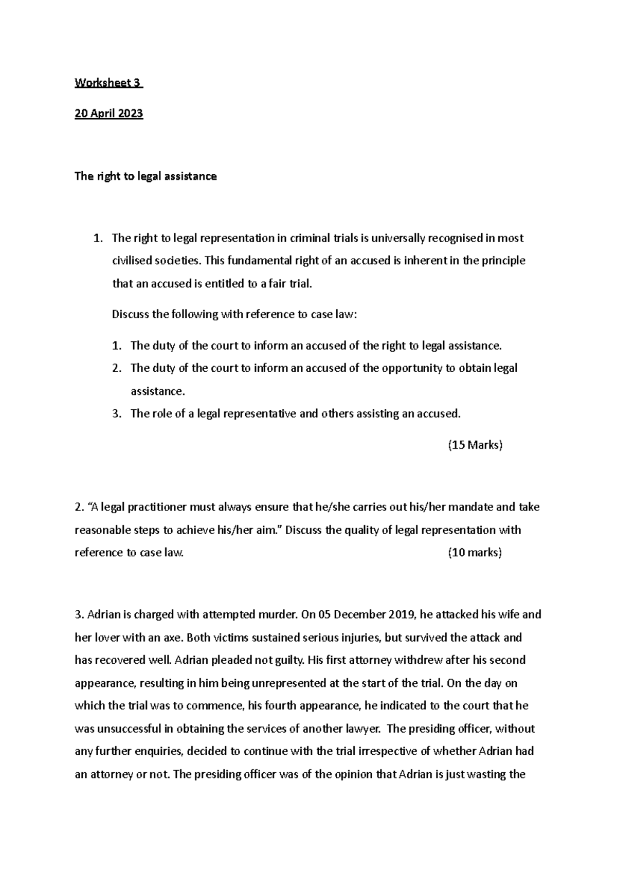 Worksheet 3 Right to Legal Representation - Worksheet 3 20 April 2023 ...