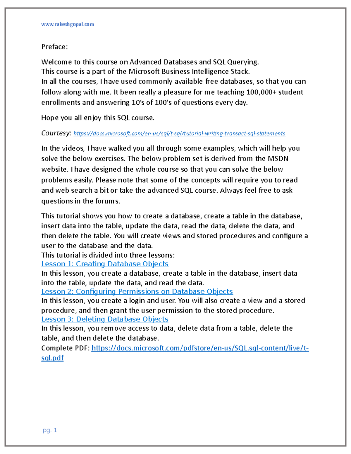 Advanced Sql Assignments Tutorials Read Me First Rakeshgopal Preface Welcome To This Course