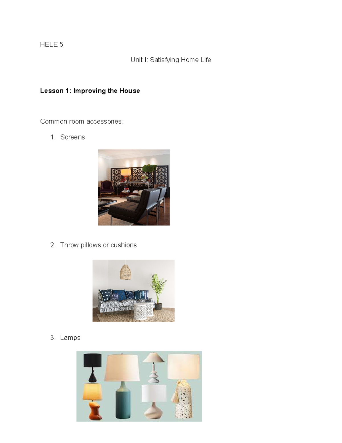 HELE 5 - Copy - Easy writings - HELE 5 Unit I: Satisfying Home Life ...