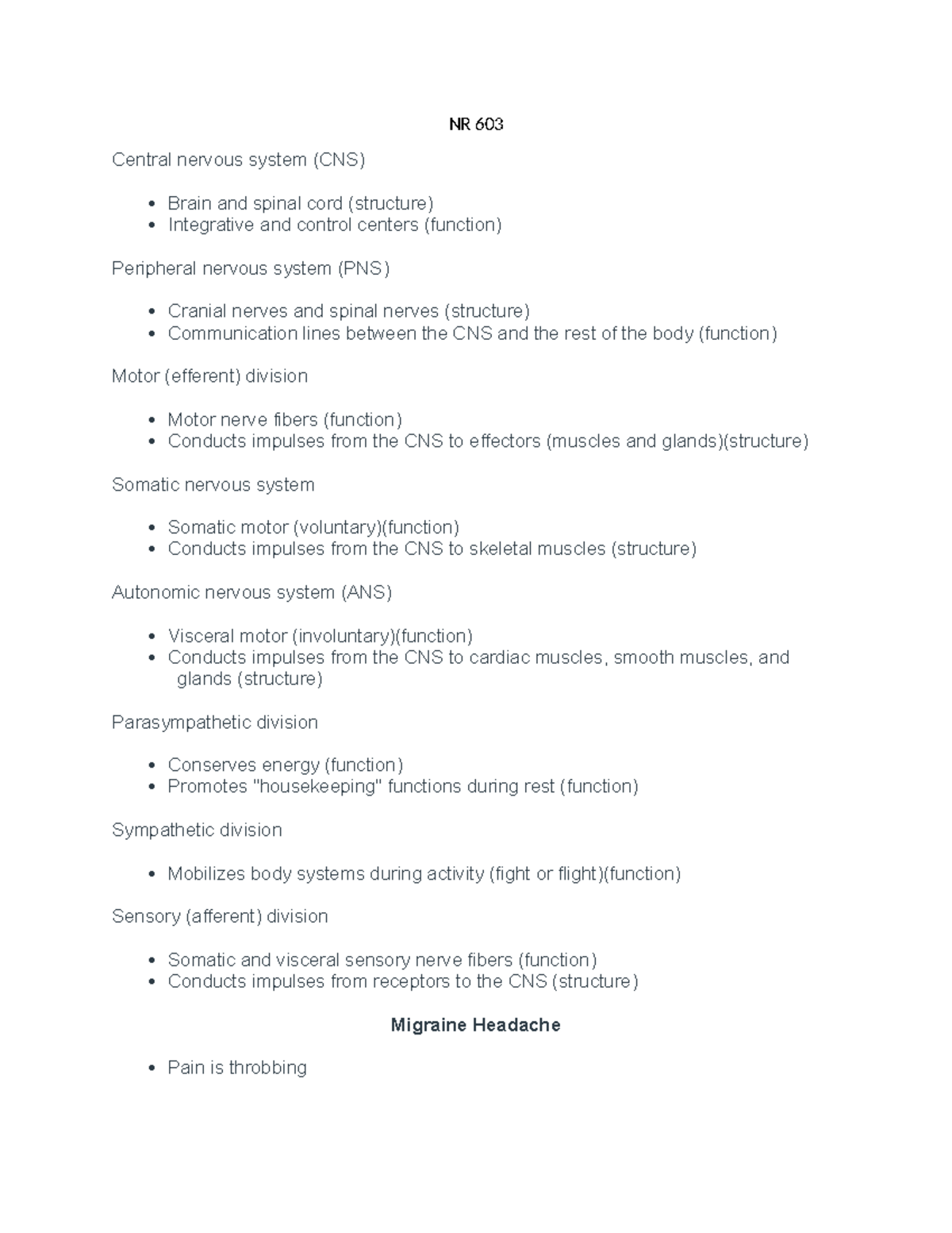 NR 603 - Lecture notes - NR 603 Central nervous system (CNS) Brain and ...