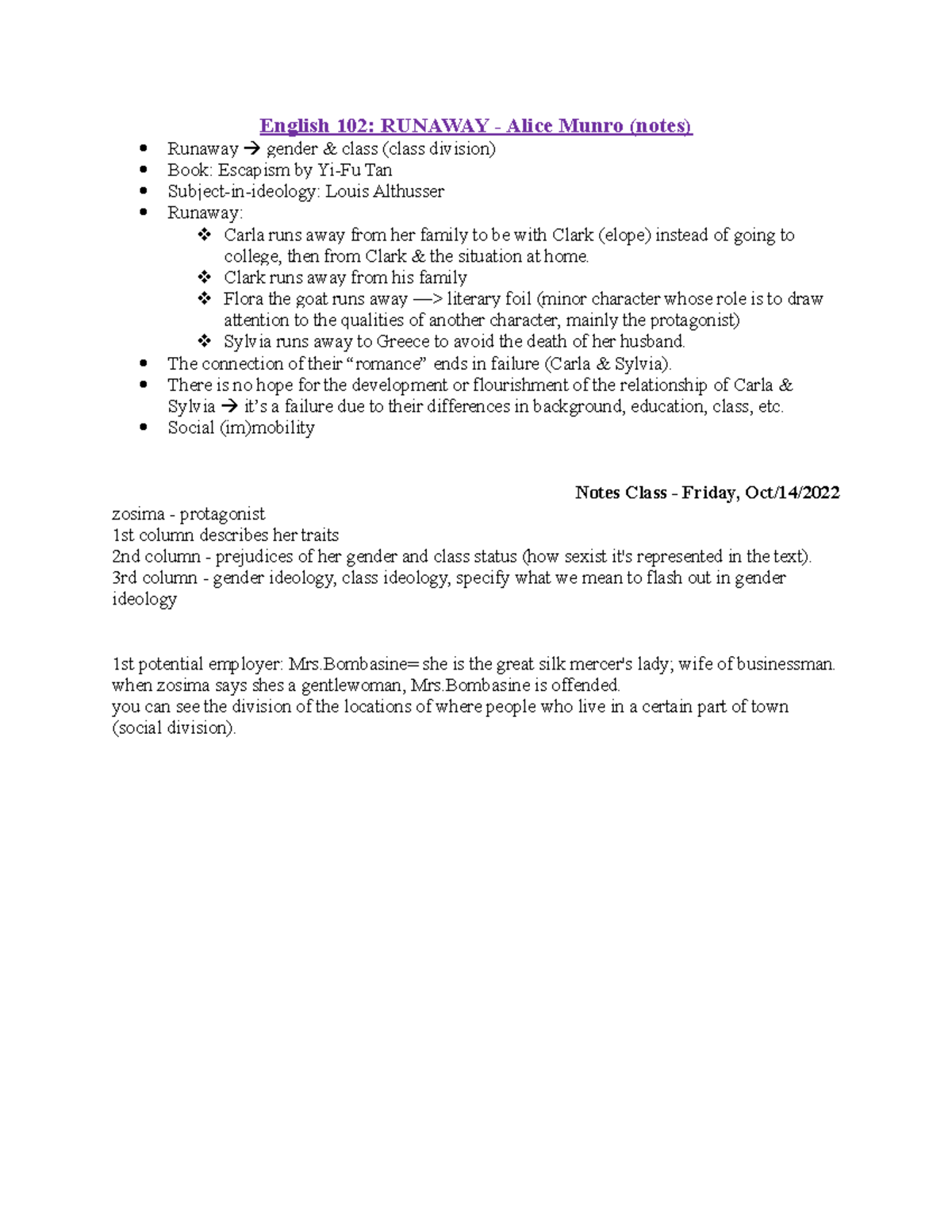 Week 7 oct 12 eng notes - English 102: RUNAWAY - Alice Munro (notes ...