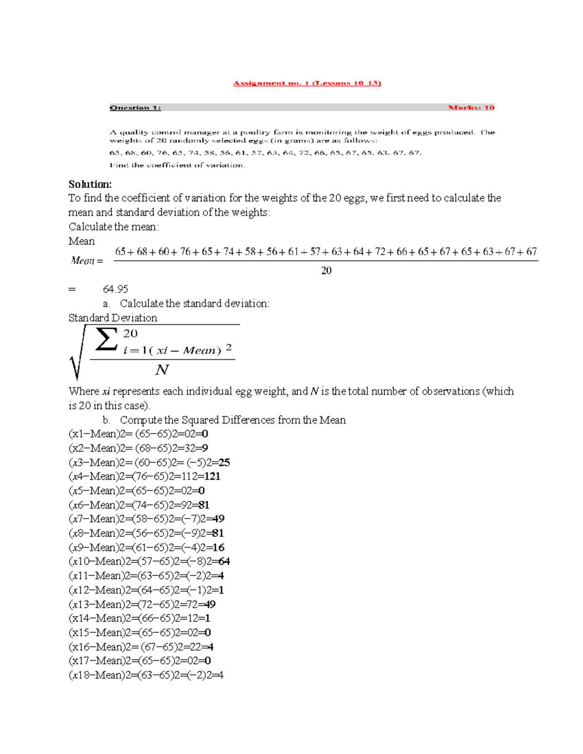STA Assignment - Solution: To find the coefficient of variation for the ...