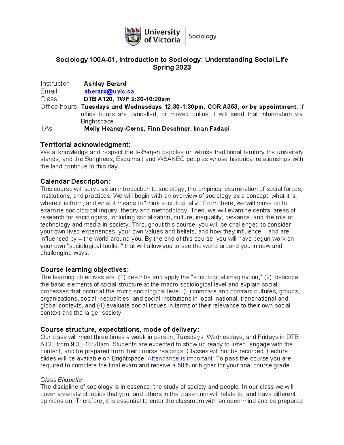 Soci 100A Course Outline - Copy - Sociology 100A-01, Introduction to ...