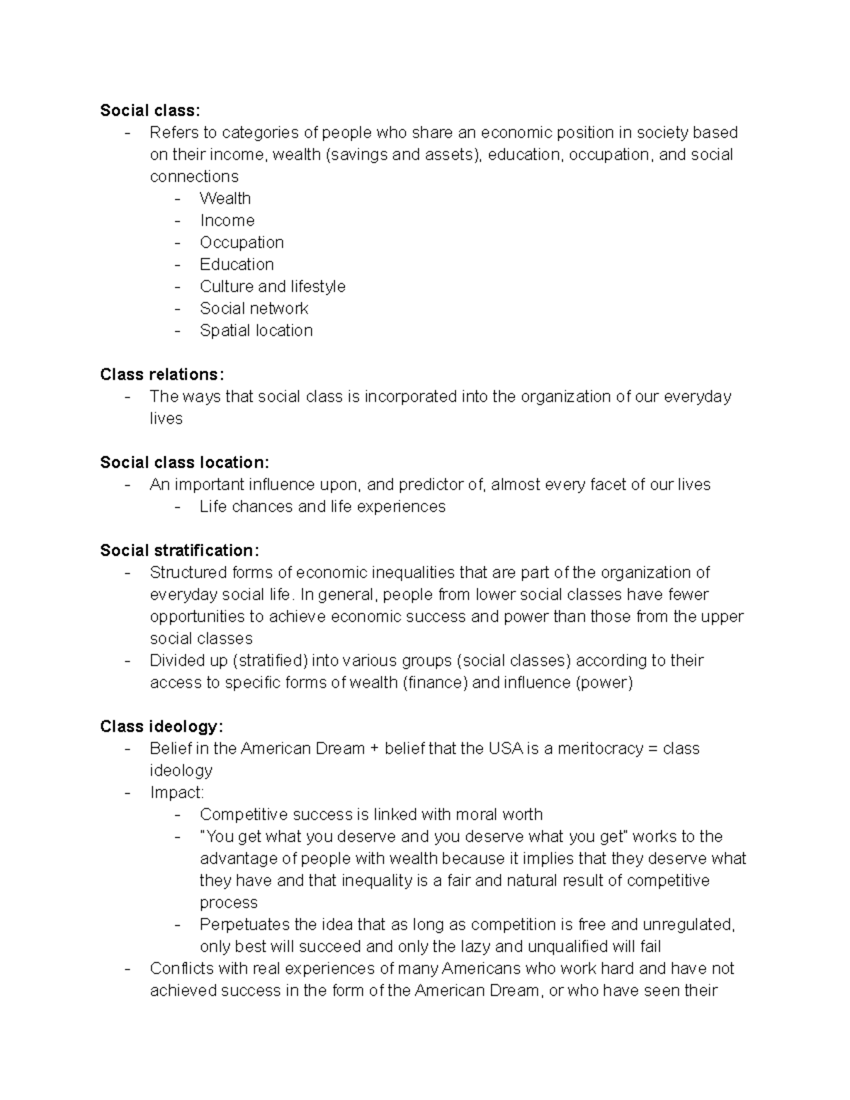 Social Class - Notes - Social class: - Refers to categories of people ...