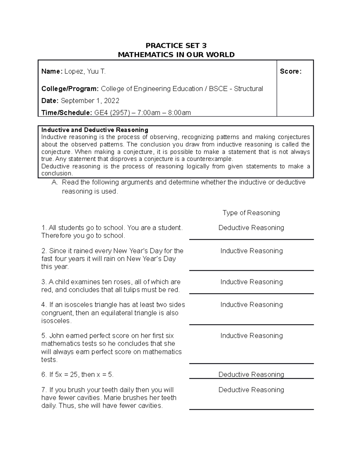 Lopez, Yuu - GE4 Week 1-3 Practice Set 3 - PRACTICE SET 3 MATHEMATICS ...