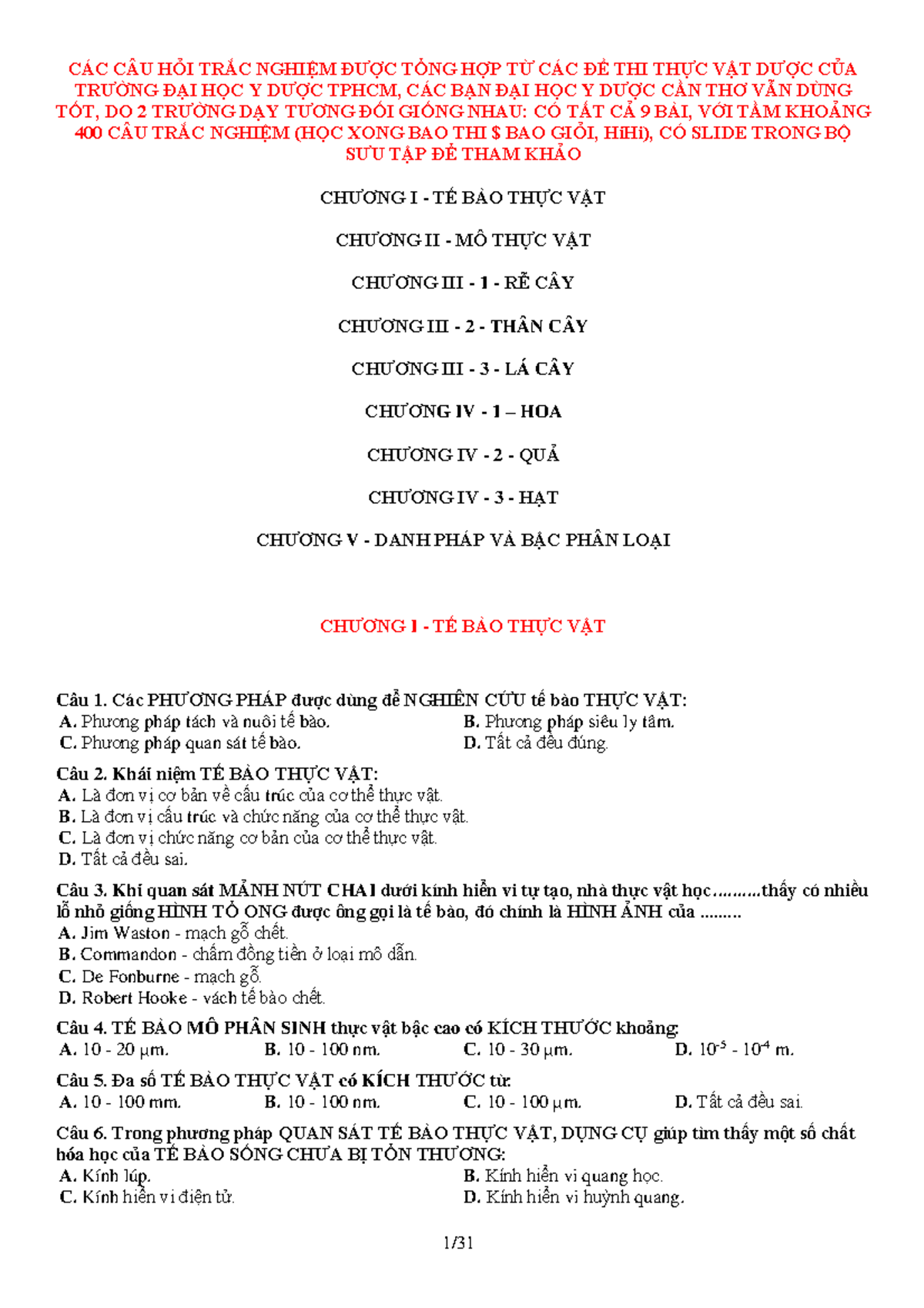 450 câu trắc nghiệm thực vật - CÁC CÂU HỎI TRẮC NGHIỆM ĐƯỢC TỔNG HỢP TỪ ...