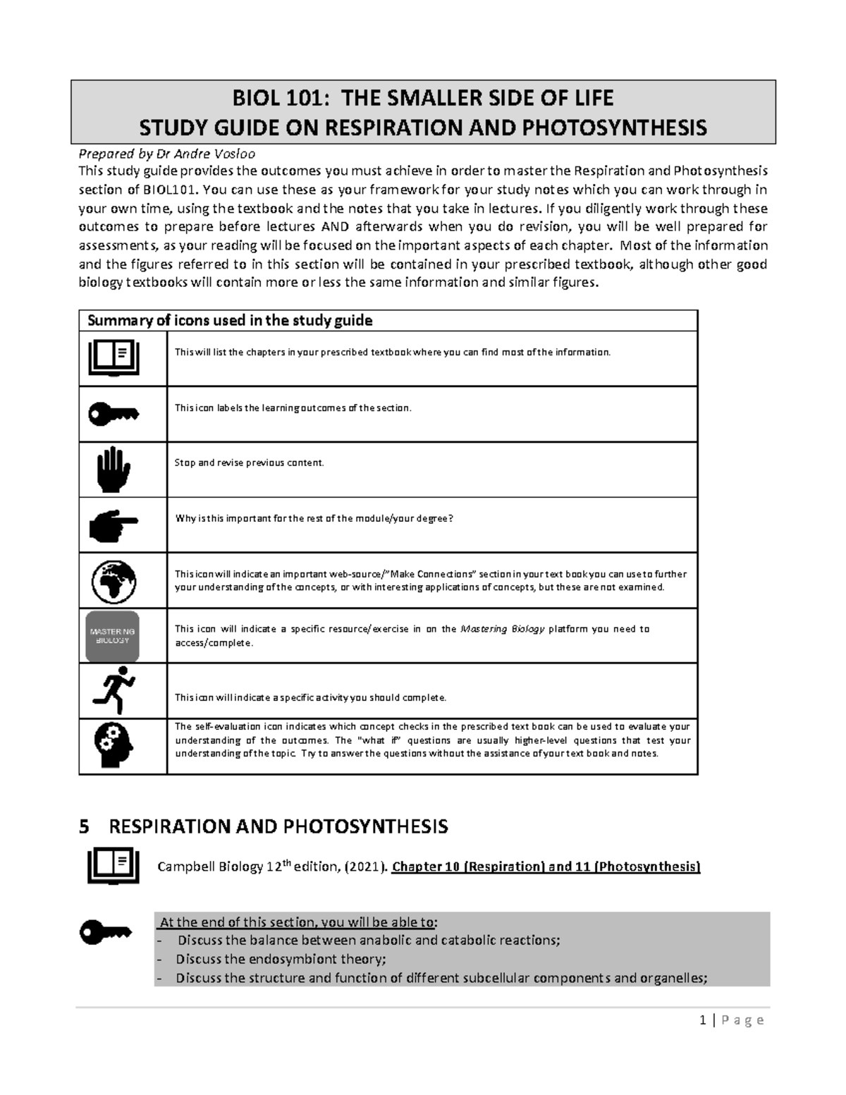 cell respiration and photosynthesis- STUDY GUIDE - Prepared by Dr Andre ...
