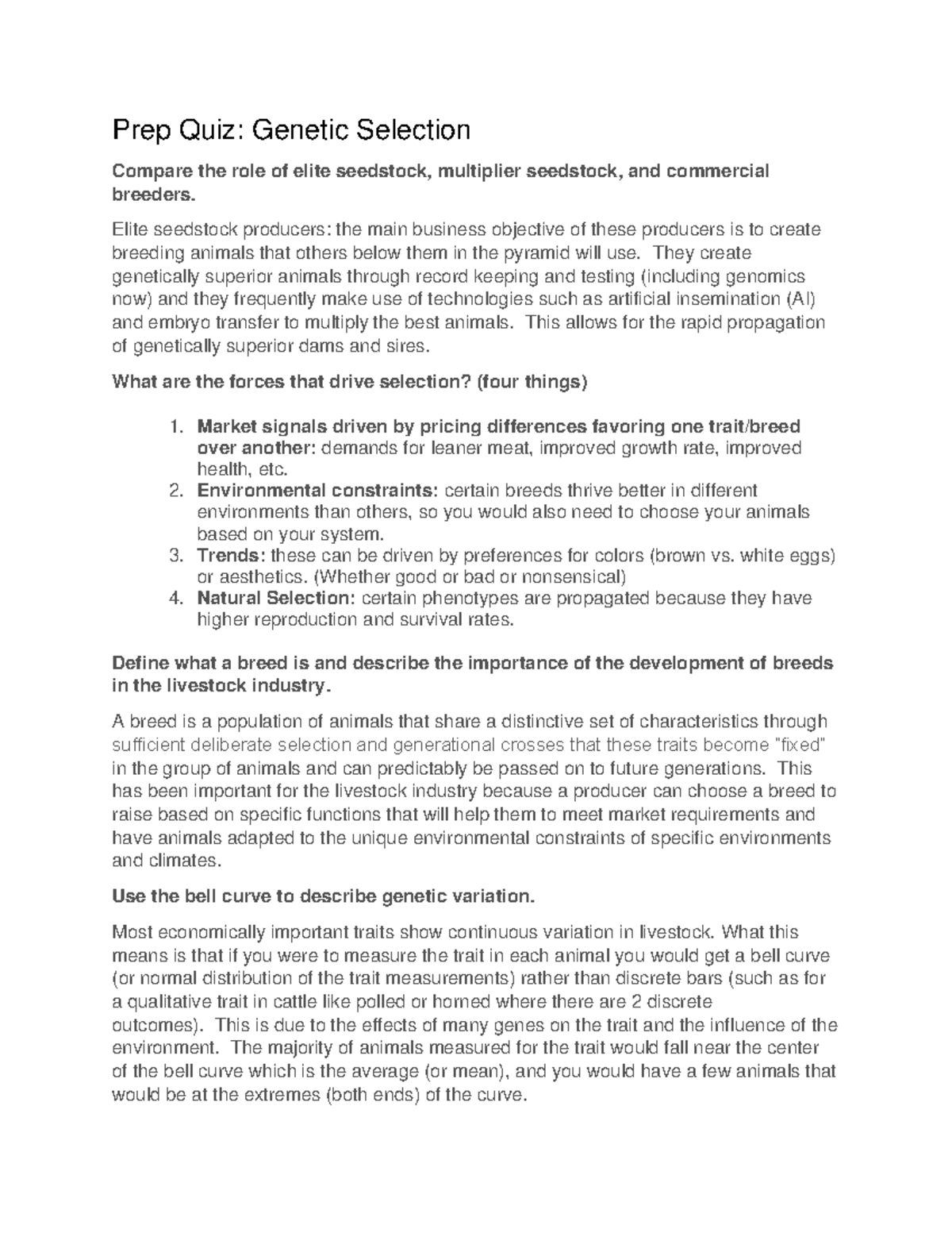 Genetic Selection Prep Quiz - Prep Quiz: Genetic Selection Compare the ...