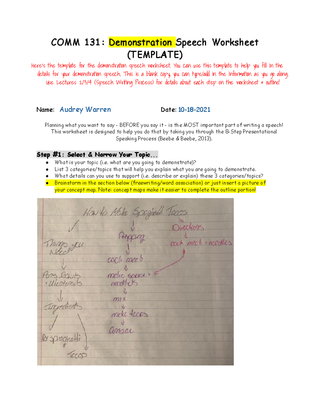 Audrey Warren Worksheet Outline - COMM 131: Demonstration Speech ...