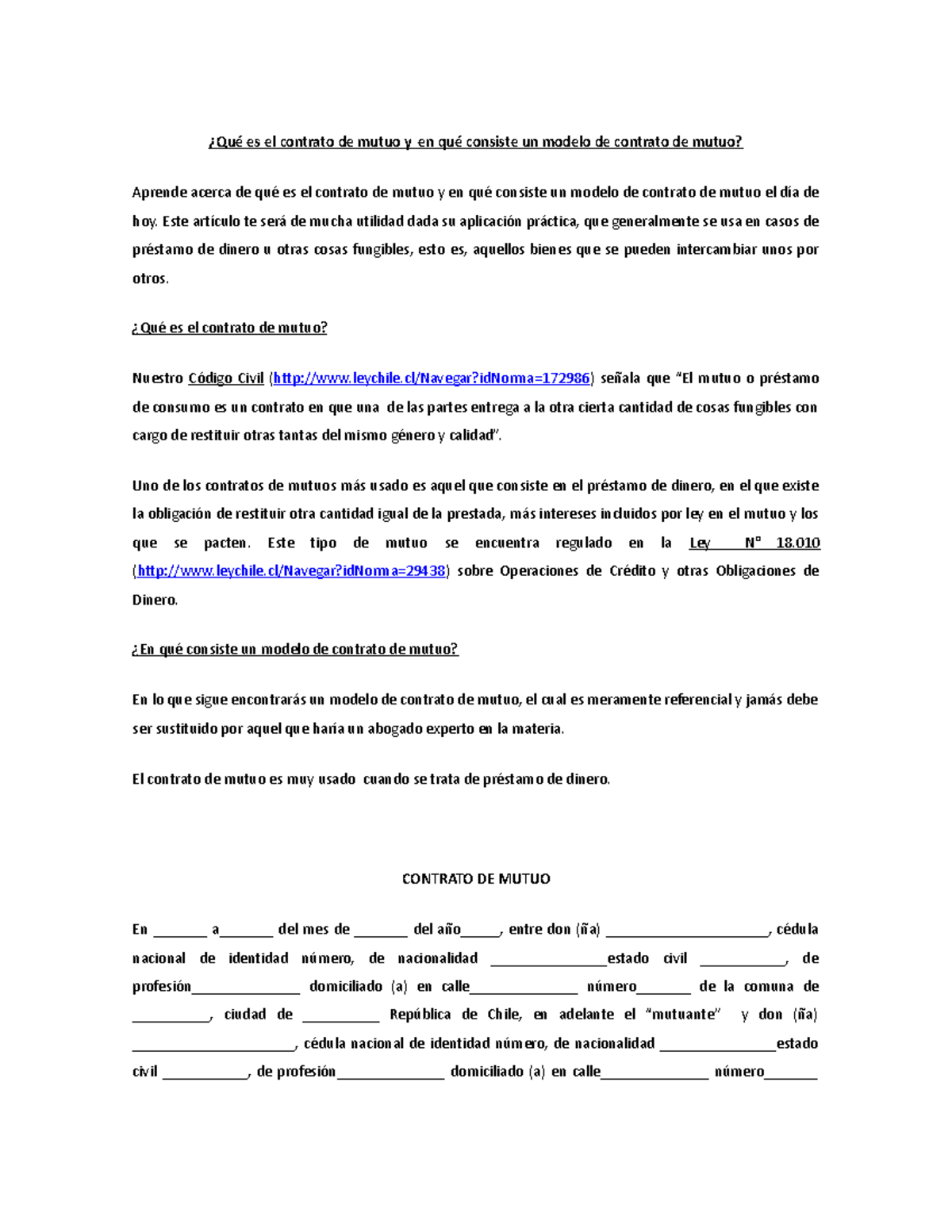 273. Qué es el contrato de mutuo y en qué consiste un modelo de ...