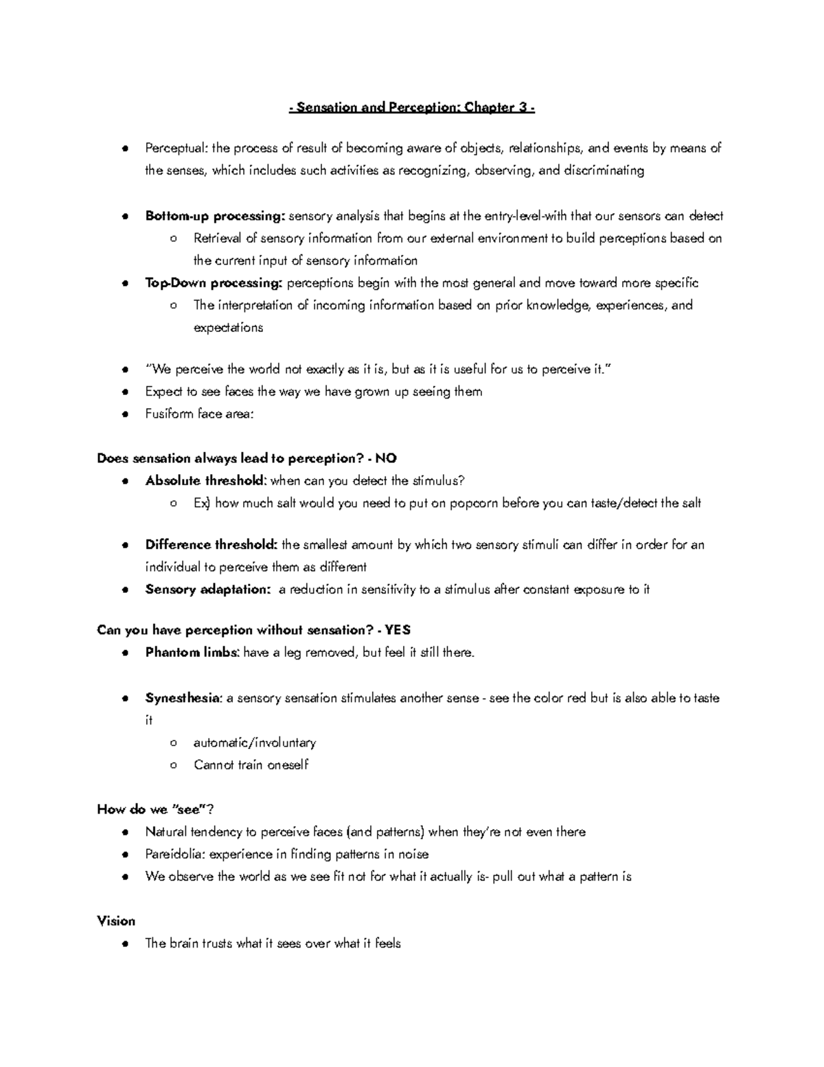 Psych 100 Chapter 3: Sensation and Perception - Sensation and ...