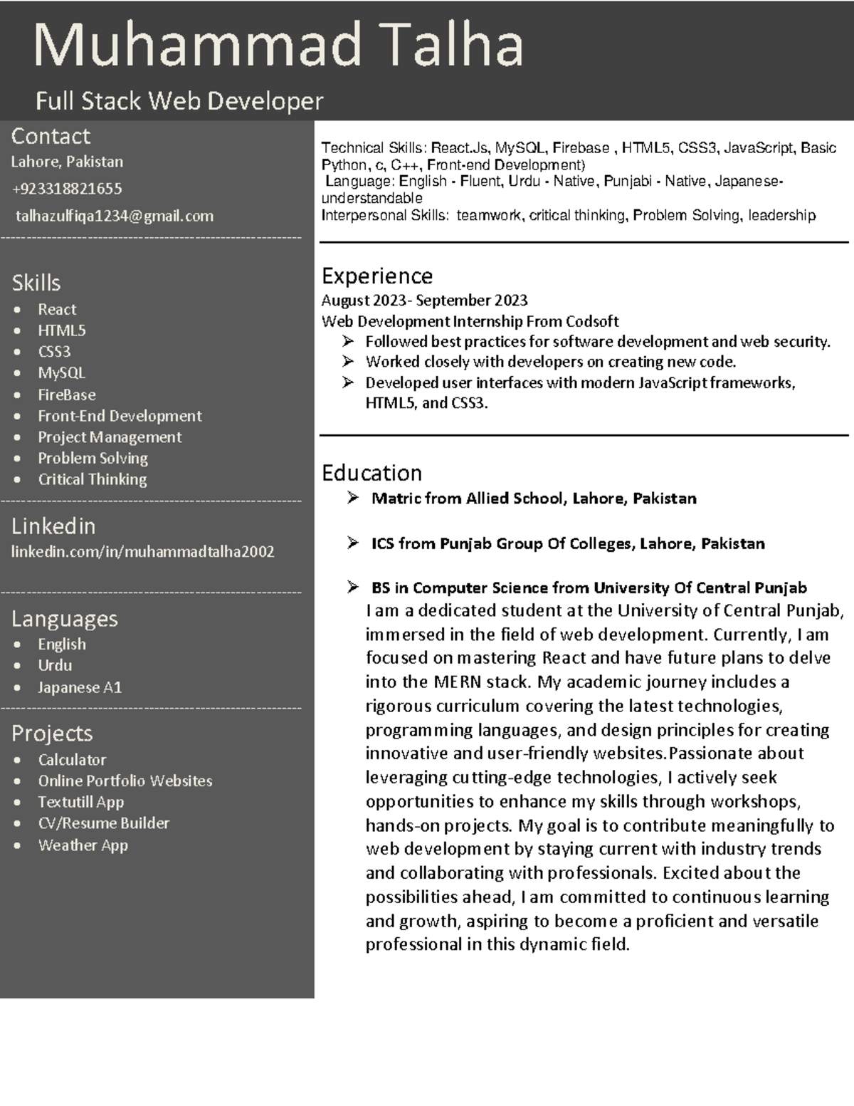 Muhammad Talha CV removed - Contact Lahore, Pakistan + talhazulfiqa1234@gmail - Skills React ...
