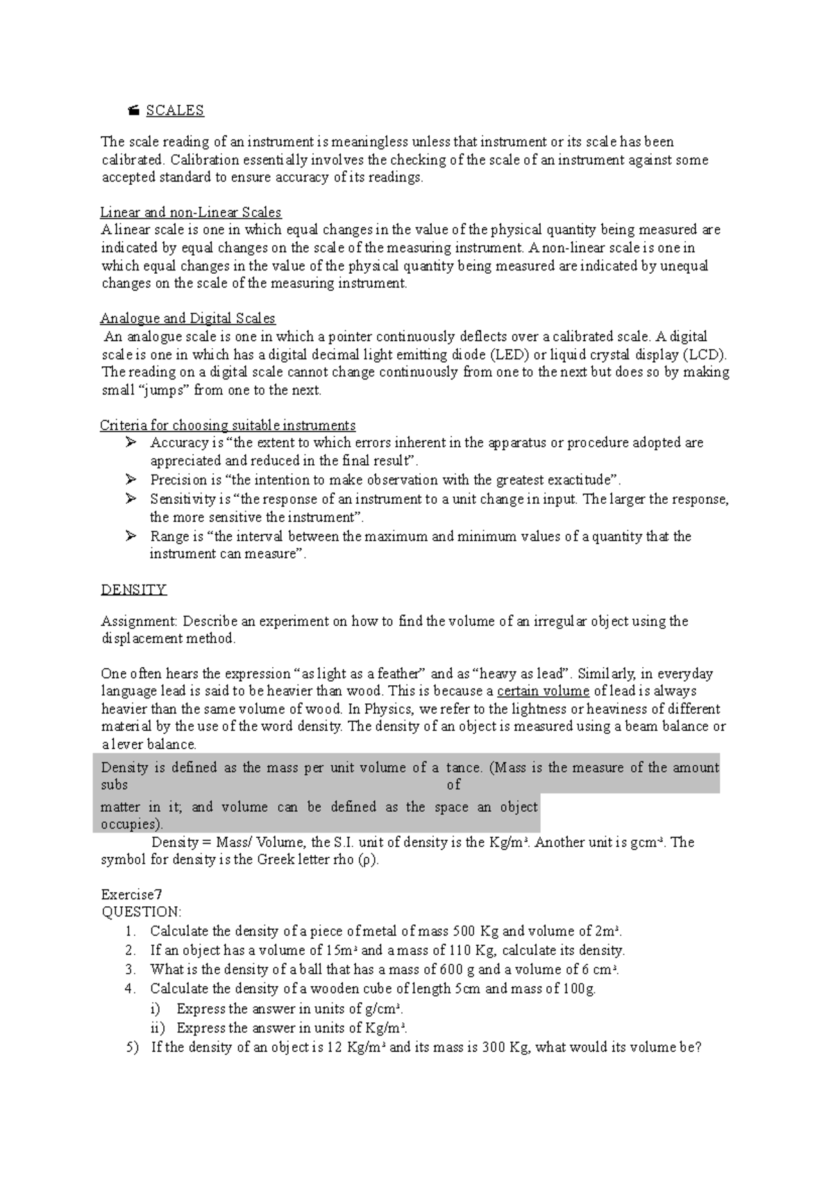 Scales, Density, Graph - SCALES The scale reading of an instrument is ...