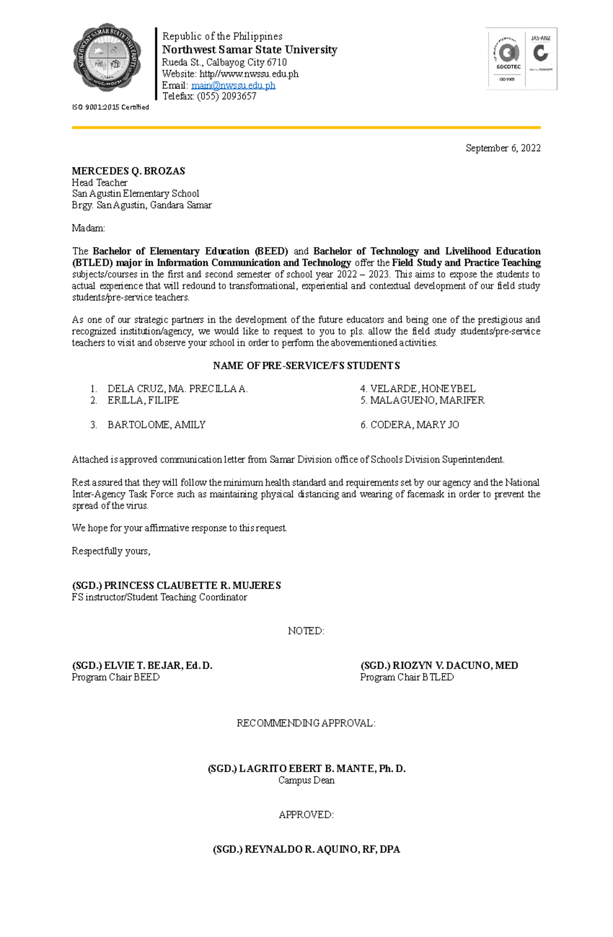 Communication Letter FOR FS - ISO 9001:2015 Certified Northwest Samar ...