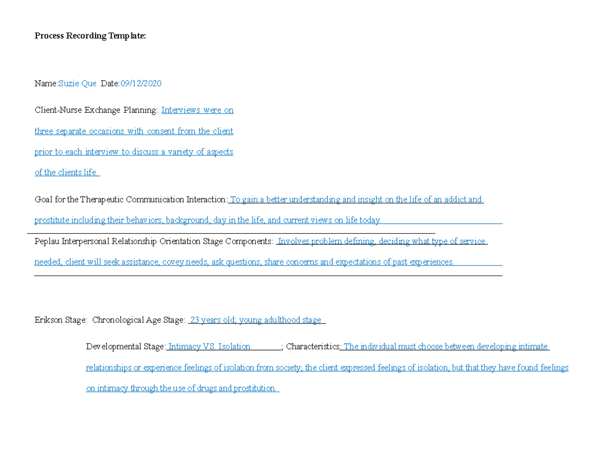 Process Recording example 3 - Process Recording Template: Name:Suzie ...