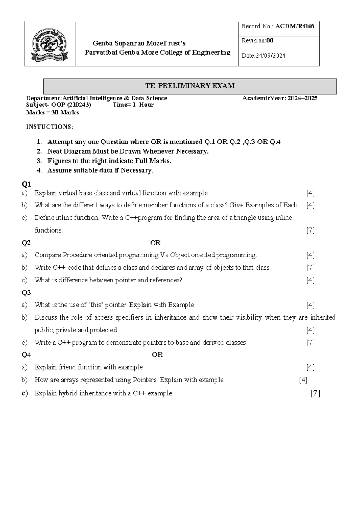AI Paper Preinsem - DGH - TE PRELIMINARY EXAM Genba Sopanrao MozeTrust ...