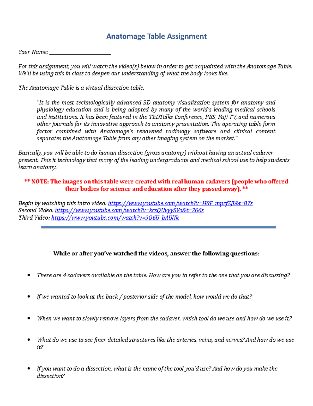 Anatomage Table Assignment, Wk 1, 2 DU Bio 201L - Anatomage Table ...