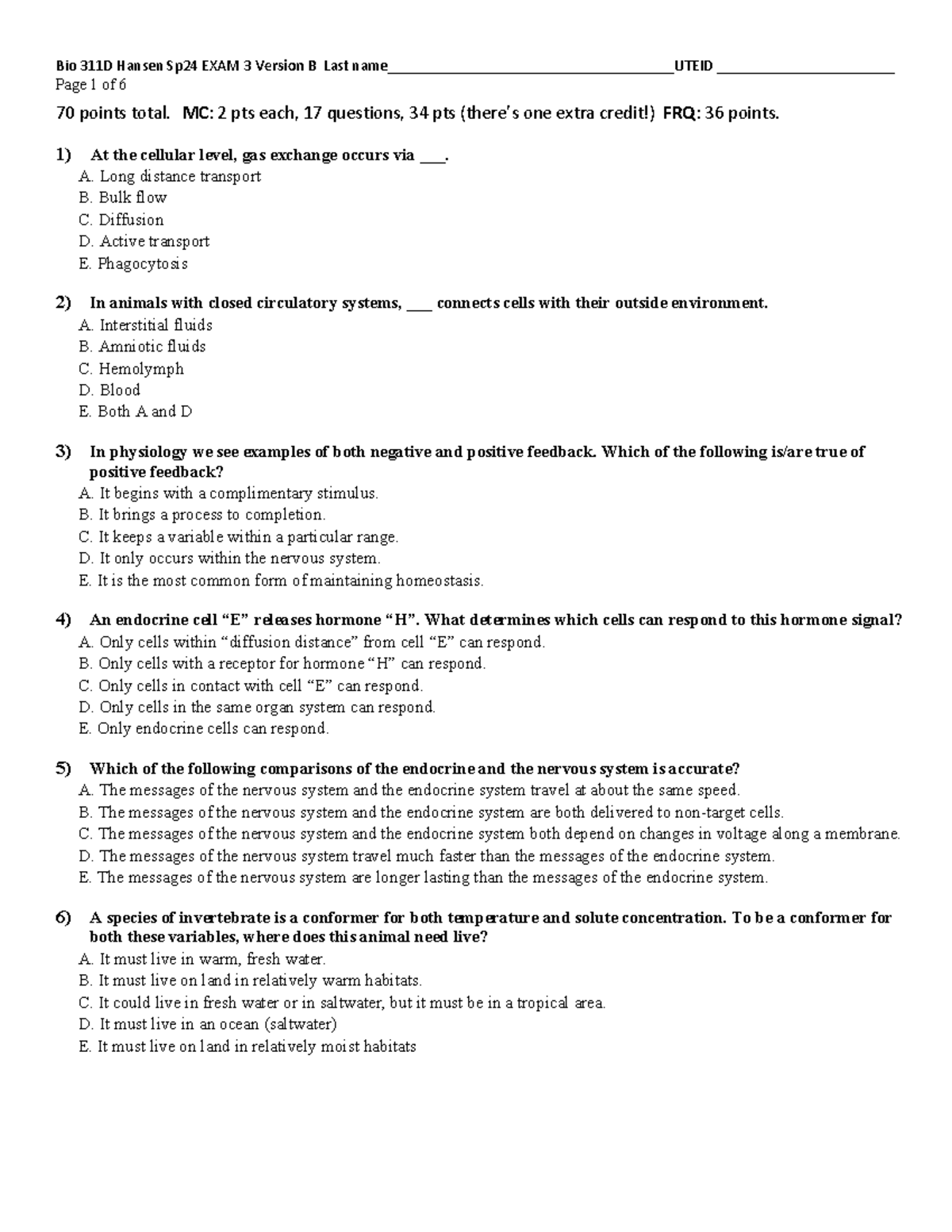 Exam 1-Version B - Bio 311D Hansen Sp2 4 EXAM 3 Version B Last - Studocu