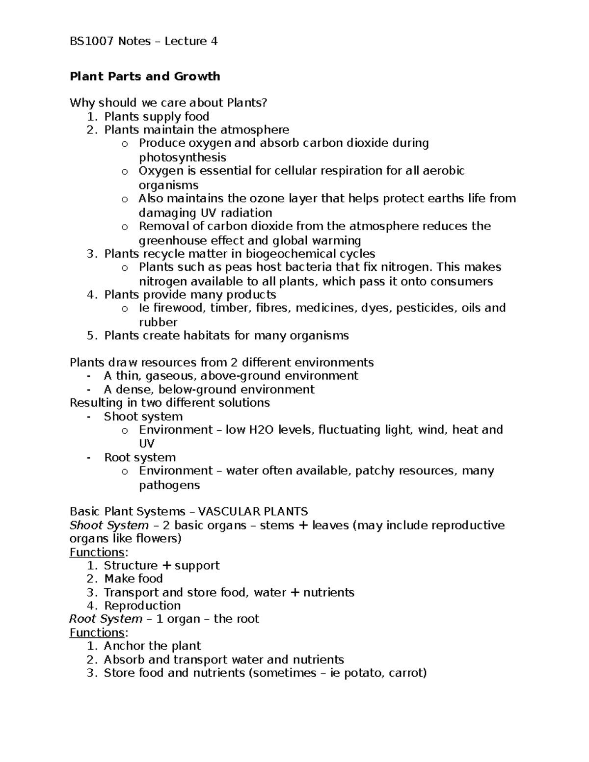 BS1007 notes - Plant Parts and Growth Why should we care about Plants ...