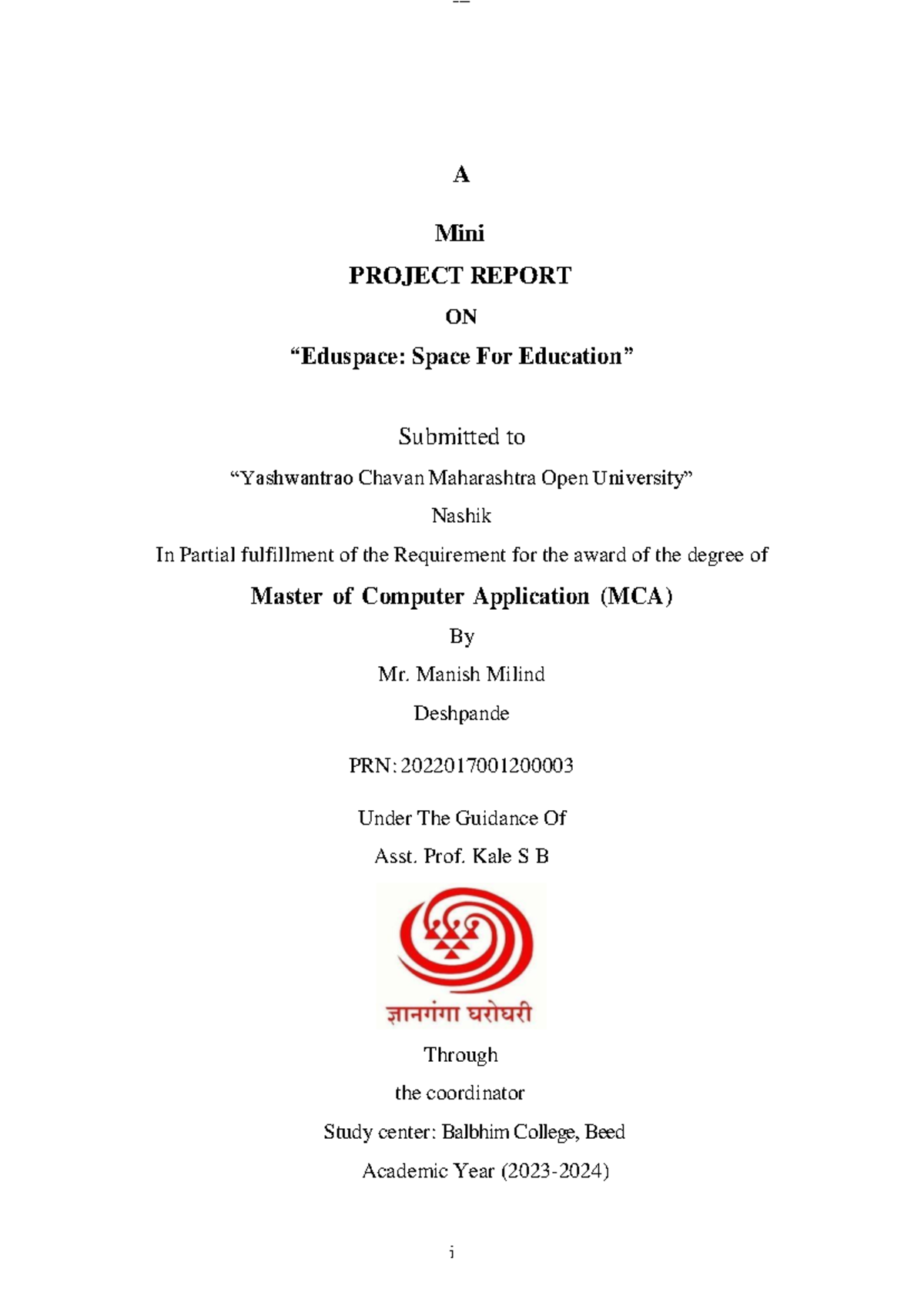Ycmou-mini Project-Manish D - A Mini PROJECT REPORT ON “Eduspace: Space For Education” Submitted ...