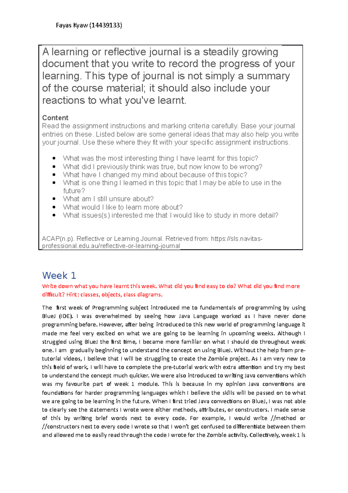 Reflective Journel (14439133) - A learning or reflective journal is a ...