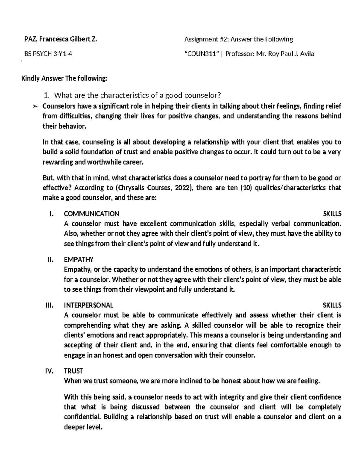 COUN311 Assignment No. 2 Answer the Following - PAZ, Francesca Gilbert ...