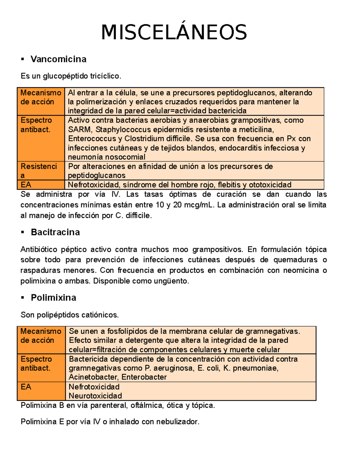 Antibióticos misceláneos - MISCELÁNEOS Vancomicina Es un glucopéptido ...