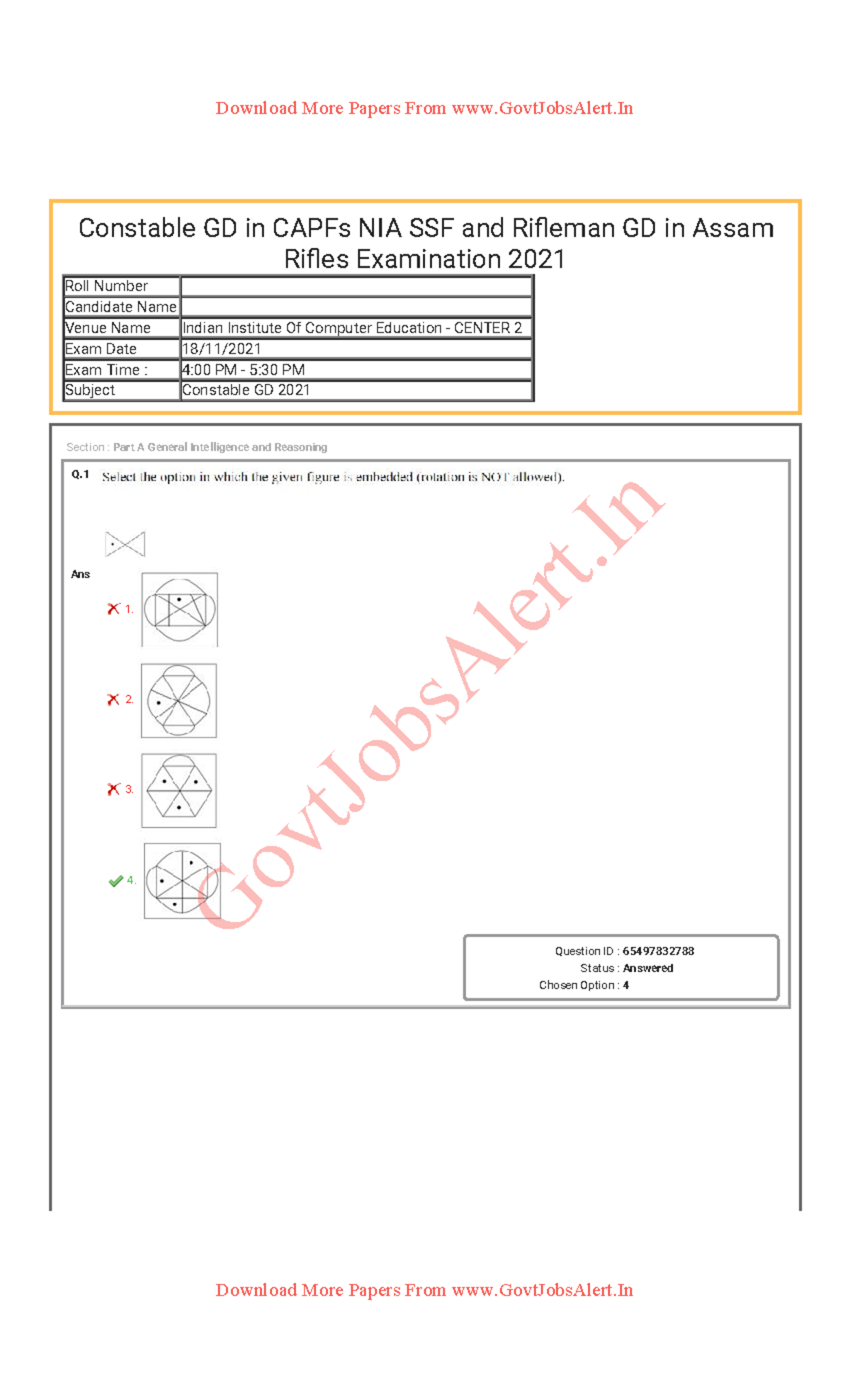 SSC GD Paper 2021 In English Set 18 - Q. Ans 1. 2. 3. 4. Question ID ...