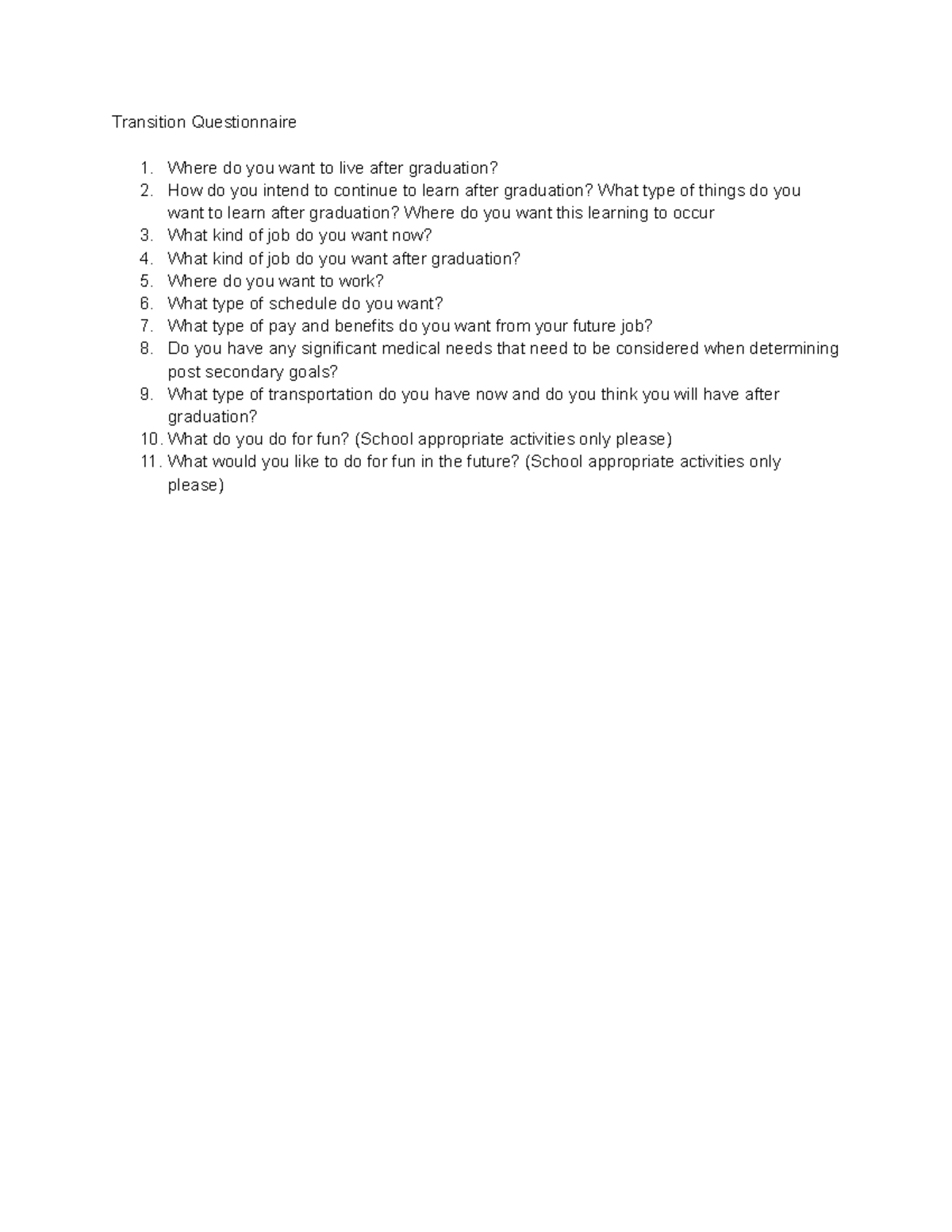 Transition Questionnaire - Transition Questionnaire Where do you want ...
