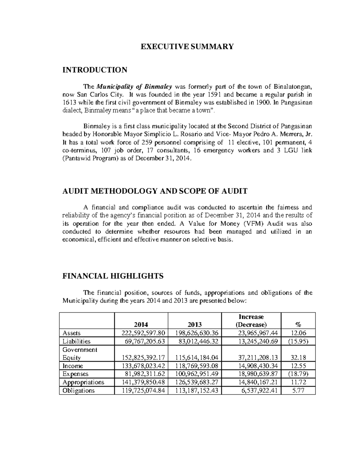 Binmaley Executive Summary 2014 - EXECUTIVE SUMMARY INTRODUCTION The ...