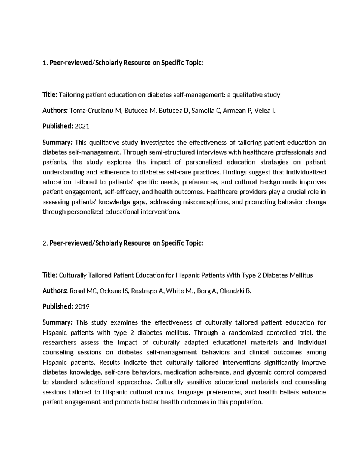 Assessment - nil - Peer-reviewed/Scholarly Resource on Specific Topic: Title: Tailoring patient ...