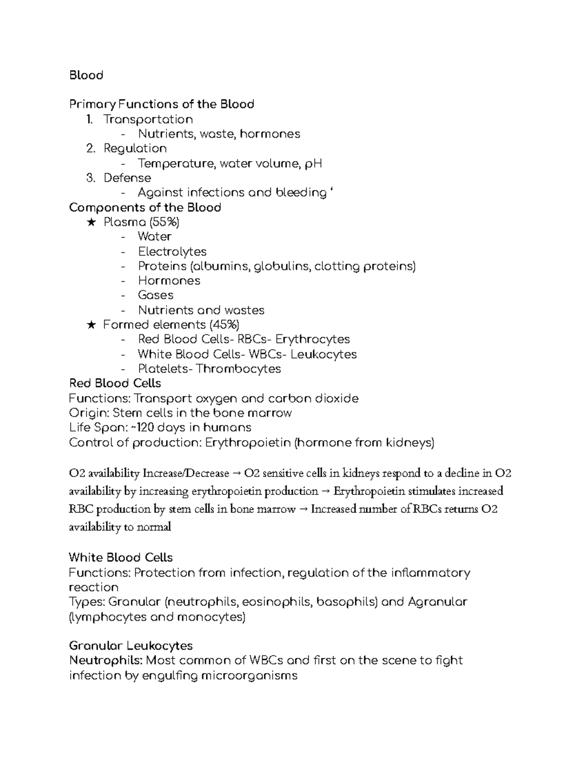 Blood HW Bio Notes - Blood Primary Functions of the Blood 1 ...