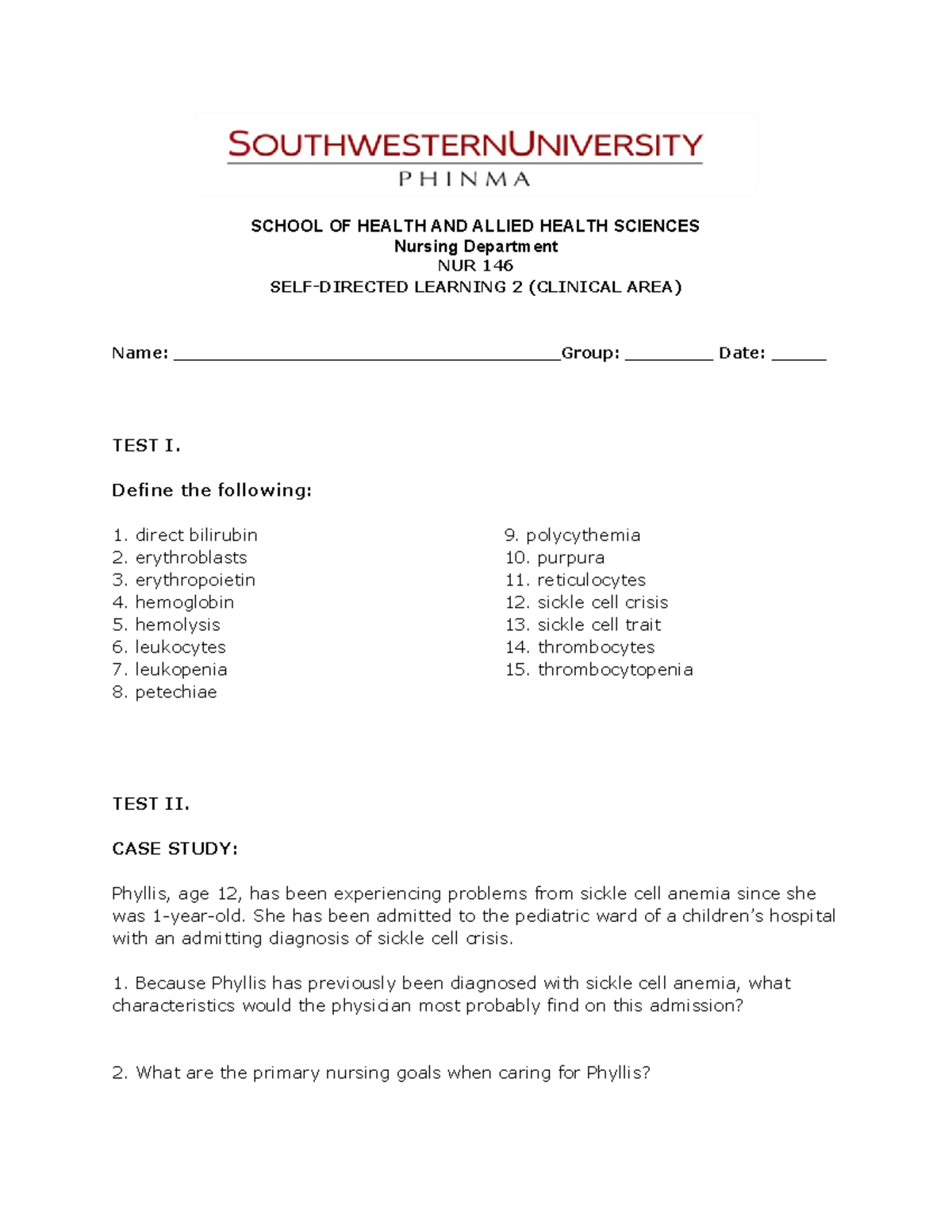 MCN 2 SDL 2 - SDL - SCHOOL OF HEALTH AND ALLIED HEALTH SCIENCES Nursing Department NUR 146 - Studocu