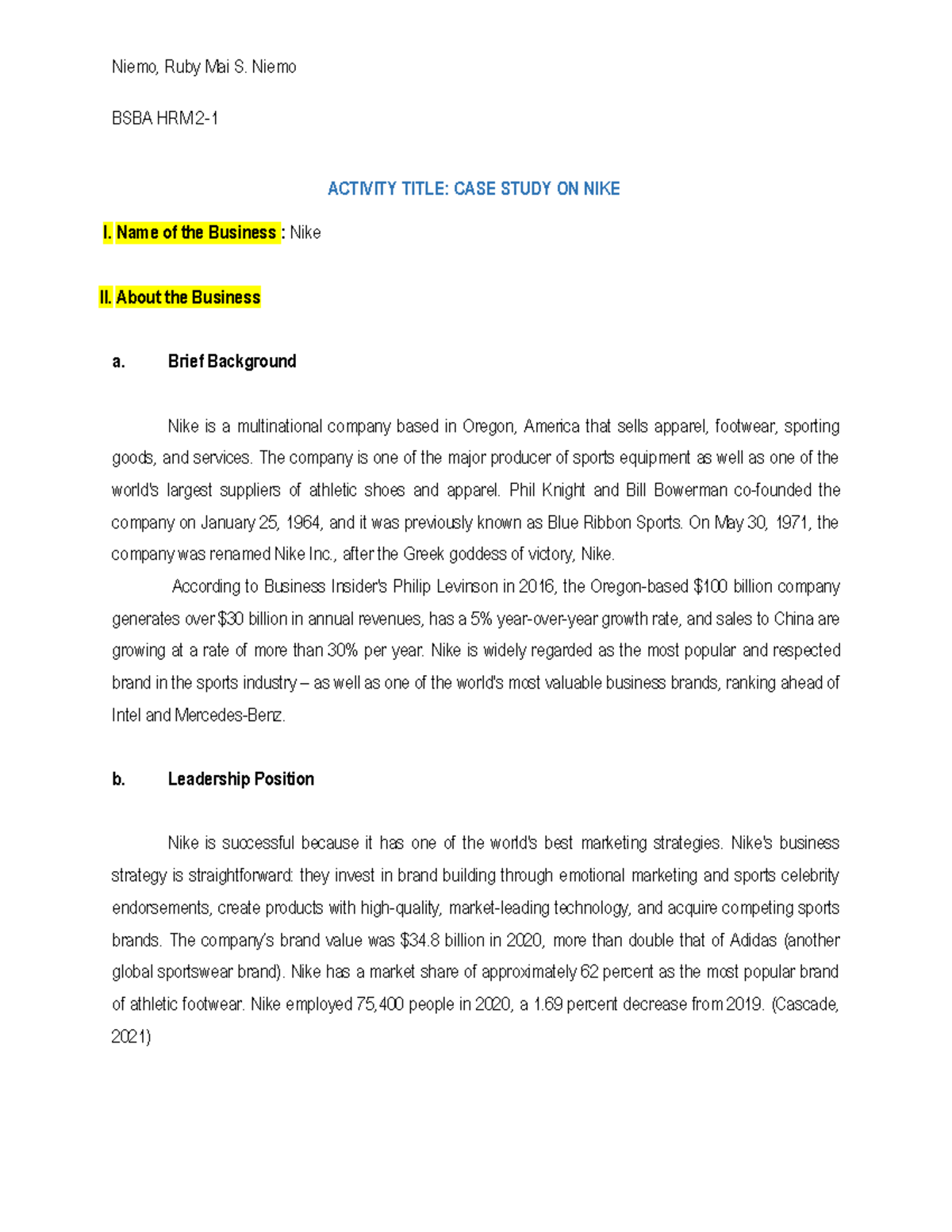 Prelim - Nike Case Study Niemo,HR 2-1 - Niemo, Ruby Mai S. Niemo BSBA ...