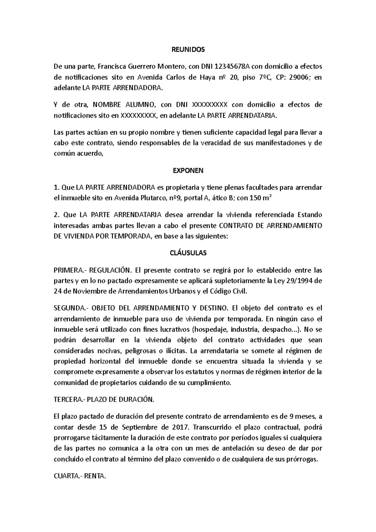 Contrato DE Arrendamiento - REUNIDOS De una parte, Francisca Guerrero ...